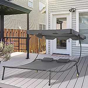 Outsunny Patio Double Chaise Lounge Chair, Outdoor Wheeled Hammock Daybed with Adjustable Canopy and Pillow for Sun Room, Garden, or Poolside, Grey