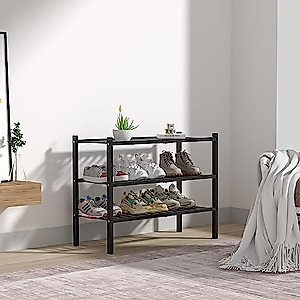 ROMGUAR CRAFT 3 Tier Bamboo Shoe Rack for Closet Free Standing Wood Shoe Shelf for Entryway Small Space Stackable 27"x11"x20" (Black)