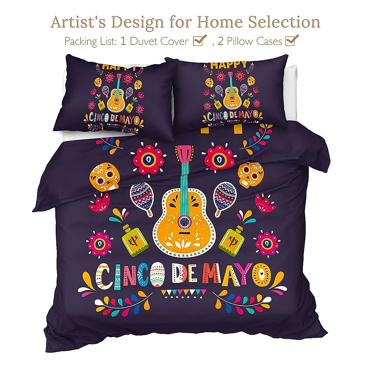 Sleepwish Mexican Bedding Colorful Floral Mexico Duvet Cover Mexican Bird Tile Folk Art Bed Set 3 Pieces Traditional Bedspreads Queen Size