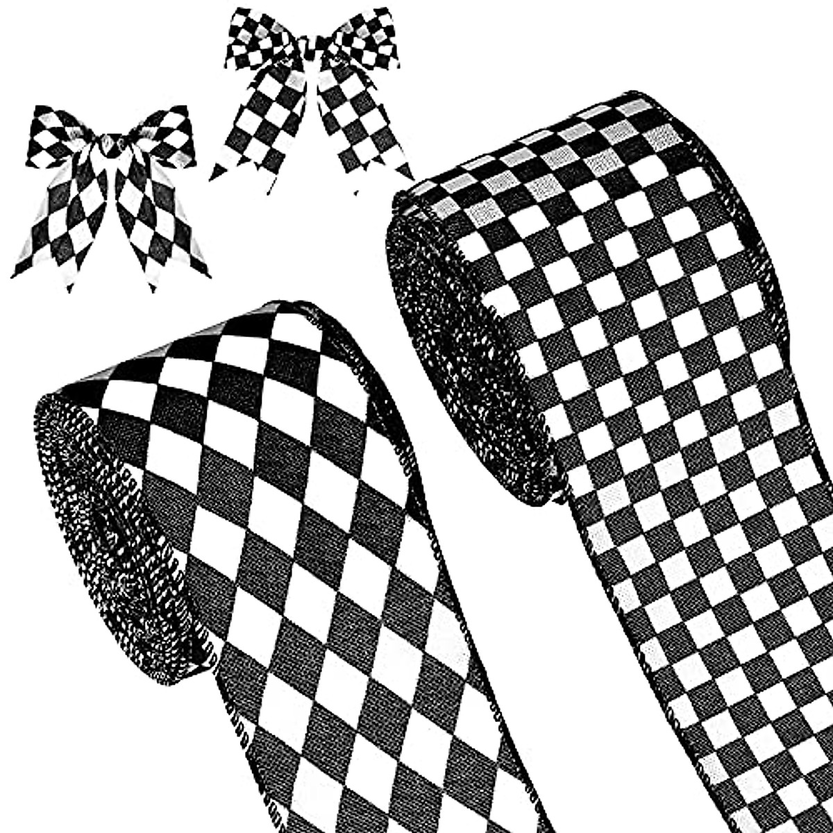 2 Rolls/ 20 Yards Black and White Checkered Ribbons Buffalo Plaid Wired Edge Ribbon Diamond Check Gingham Wrapping Ribbon for Christmas Tree DIY Hair Bow Wreath Decors Crafts, 2 Styles (2.5 Inch Wide)