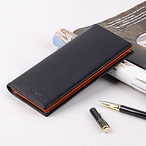 VISOUL Men's Leather Long Bi-fold Checkbook RFID Blocking Wallets, Breast Pocket Tall Billfold Secretary Wallet for Men with 12 Card Slots (Black and Orange)