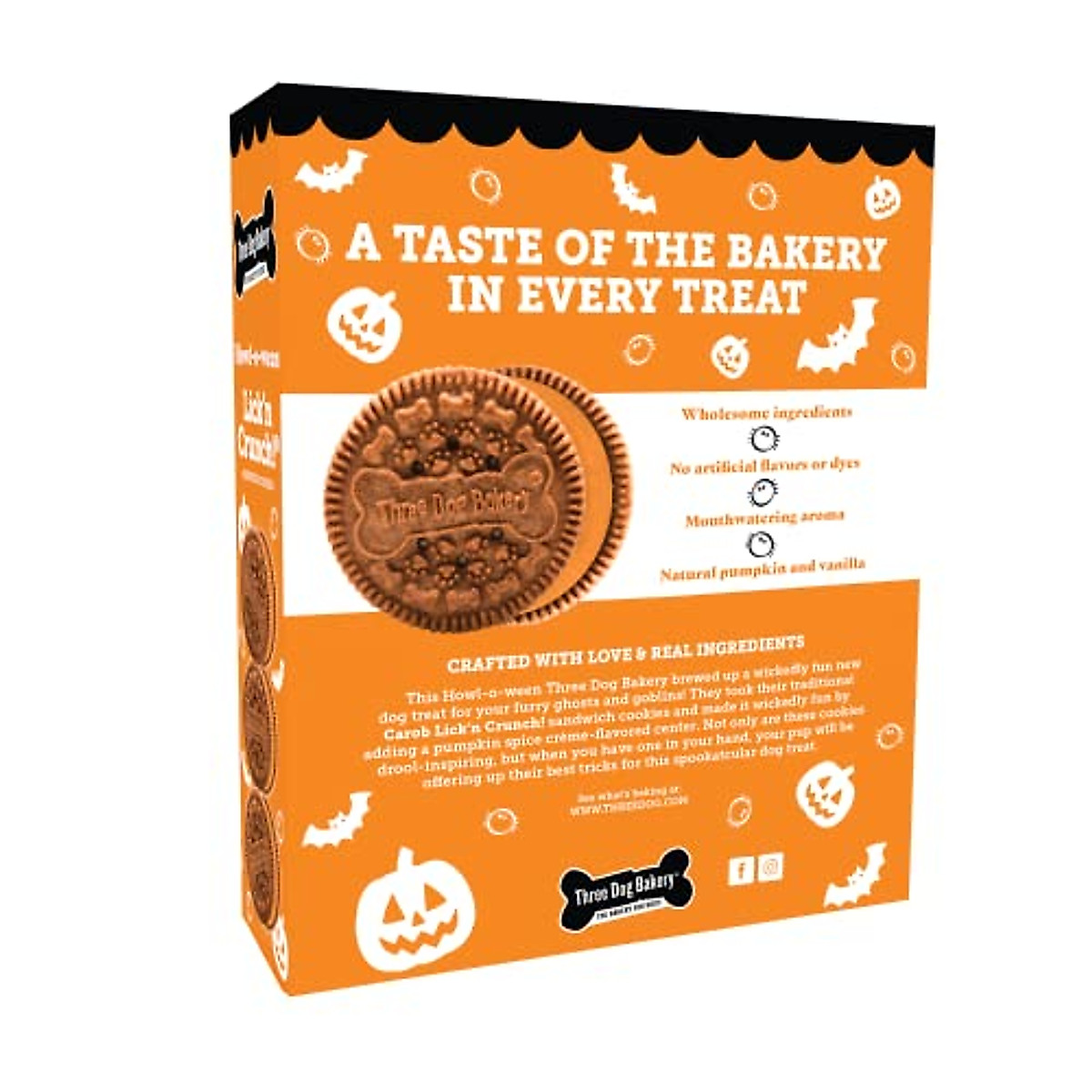 Three Dog Bakery Lick'n Crunch! Howl-o-ween Sandwich Cookies, Carob and Orange Pumpkin Spice Crème Flavor, Premium Treats for Dogs, 13 Ounces Each