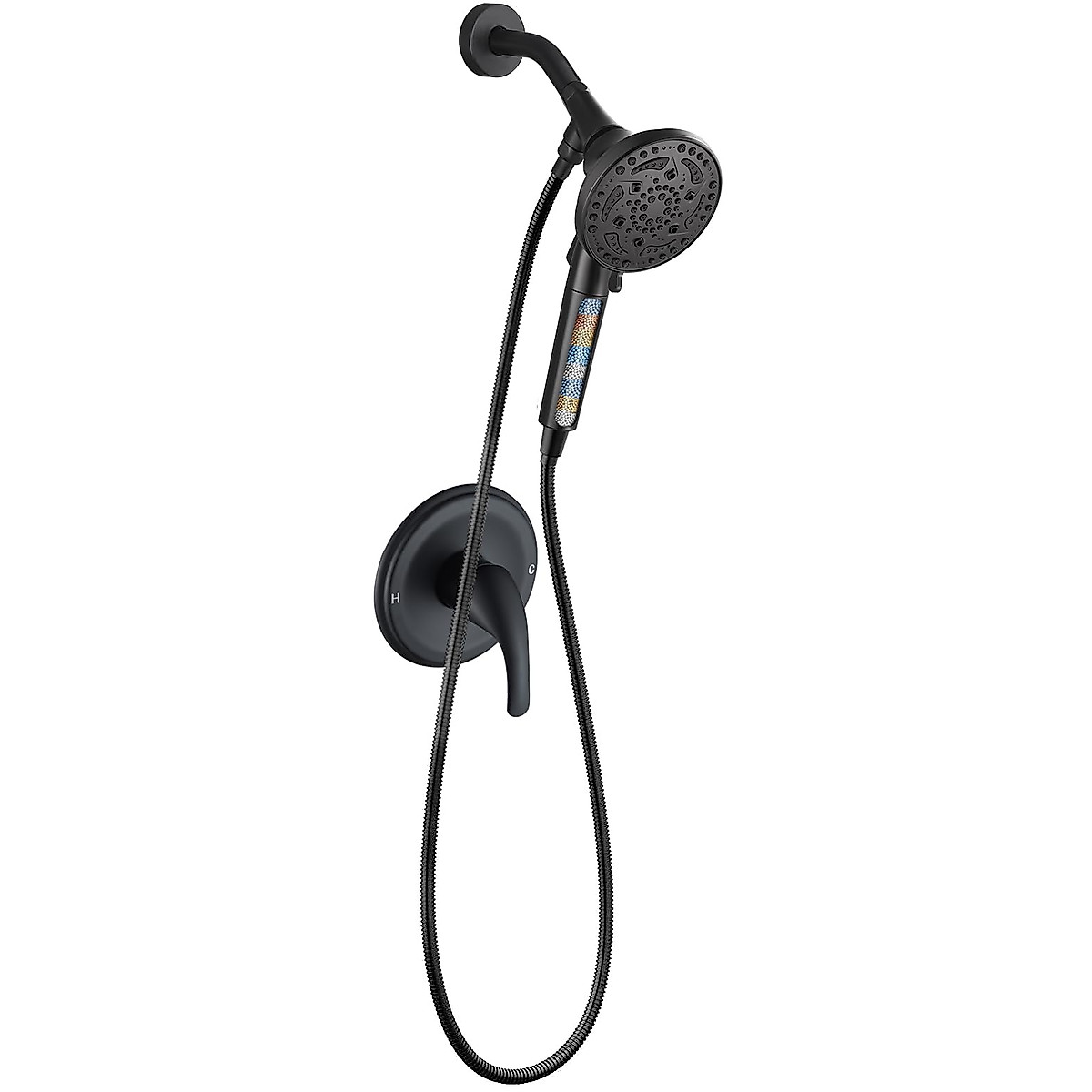 Cobbe Mattle Black Shower Faucet Set with Valve, Shower Valve with 7-Spray Filtered Black Shower Head with Handle Set, Shower System with Rain Shower and Handled, Trim Kit(Valve Included)