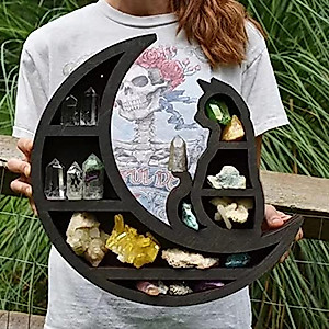 Cat On The Moon Crystal Wood Shelf, Wooden Crystal Display Shelf, Moon Cat Wooden Floating Shelf Gothic Witchy Room Decoration, Multi Color