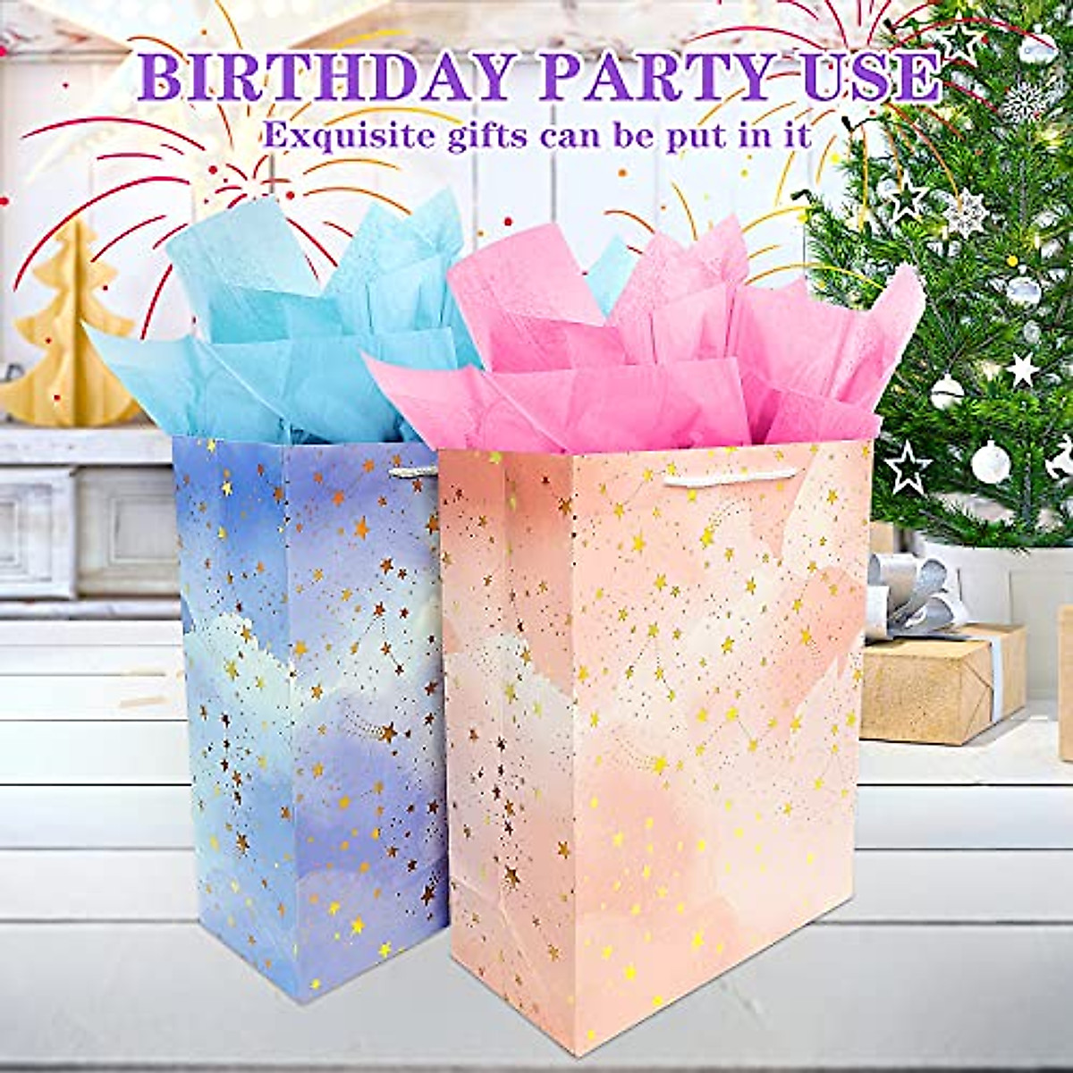 Gift Bag,Birthday Gift bags Large Gift Bags Set Included 2 Pack Paper Gift Bags with Tissue Paper, Colorful Pink Blue Gift Bags for Women, Men, Boy, Girl, Kids, Pretty Gift Bags for Birthday,Party,Bridal Shower,Gift Bag with Handles,Present Bags Gift Wrap