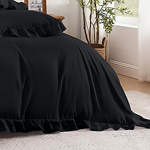Andency Black Duvet Cover Queen Size, 3 Pieces Ruffle Duvet Cover Set, Soft Microfiber Queen Duvet Cover Bedding Set with Zipper Closure