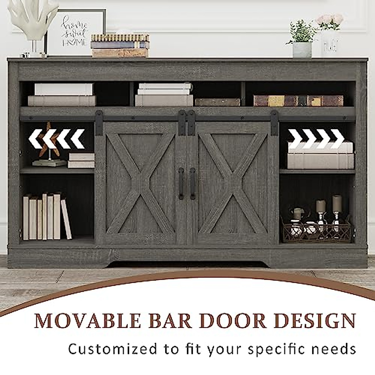 windaze Farmhouse 65 inch TV Stand, Entertainment Center with Sliding Barn Doors, Dark Grey