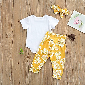 0-18M Newborn Baby Girls Clothing Set Short Sleeve Cotton Letter Romper Bodysuit + Floral Pants + Headband (I Love Daddy , 0-3 Months )