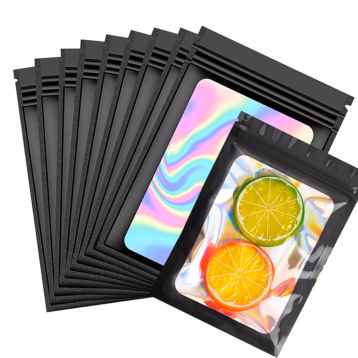 100 Pieces Smell Proof Bags Holographic Piecesaging Bags Storage Bag with Clear Window for Food Storage (Black Color, 5.5x7.9 Inch)