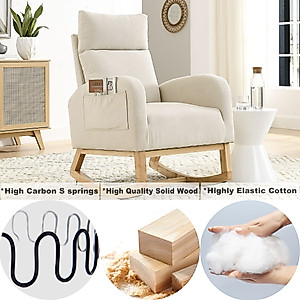 Fabric Rocking Chair Nursery Chair,Modern Upholstered High Back Glider Rocking Armchair,Comfy Rocker with Padded Seat and Wood Base,Two Side Pocket Accent Chair for Living Room Bedroom Office,Beige
