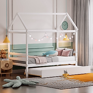 KOMFOTT Twin House Bed with Trundle, Solid Wood Playhouse Platform Bed Frame, Kids Daybed with Roof for Girls & Boys, No Box Spring Needed, Noise-Free Design, Easy Assembly, White