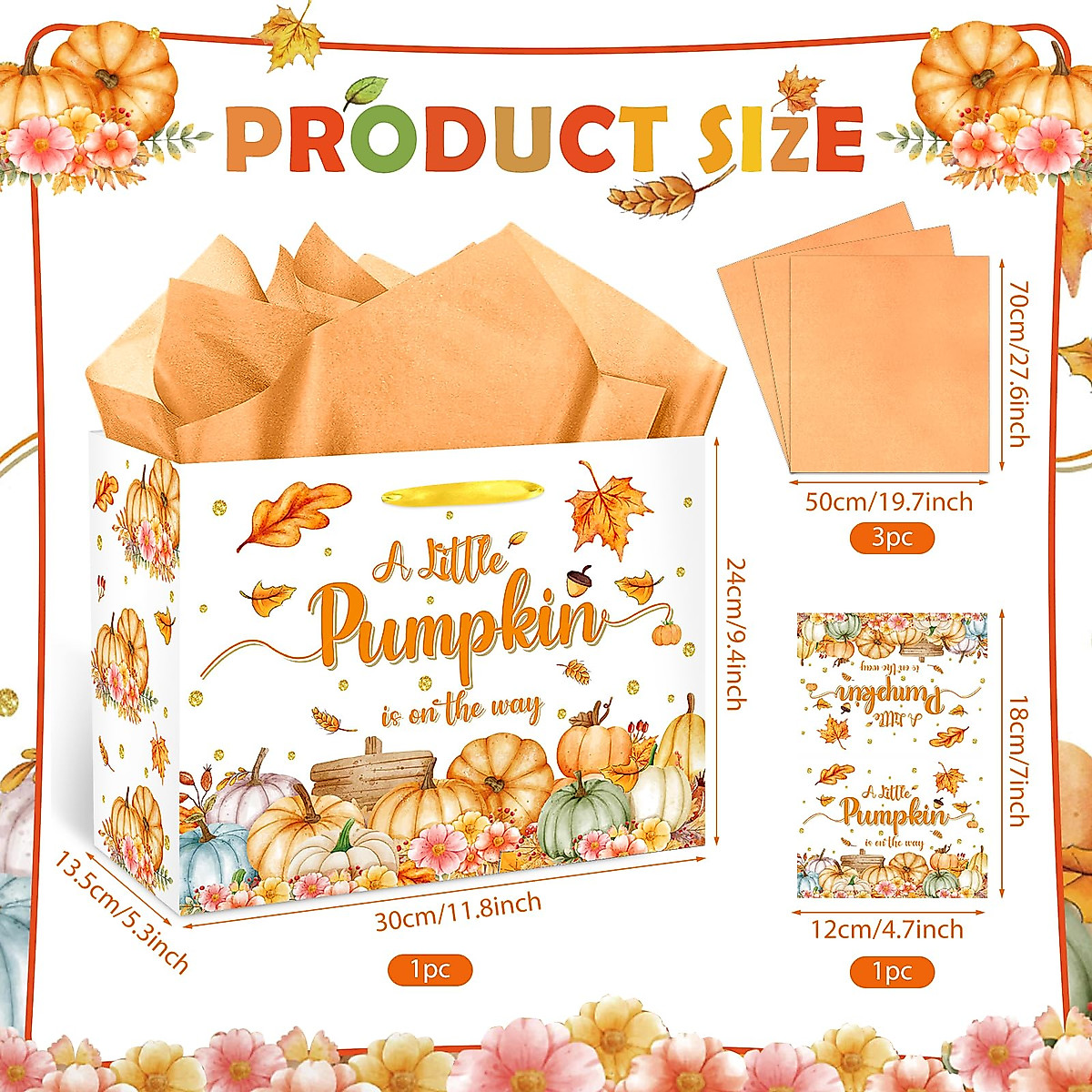 Thanksgiving Pumpkin Baby Shower Birthday Gift Bag for Baby Girls Boys A Little Pumpkin is On The Way Gift Bag with Wrapping Paper Card Fall Autumn Gift Bag for Baby Shower Party Supplies