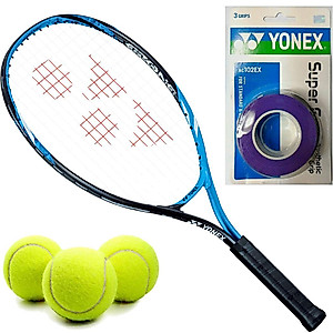 Yonex EZONE Bright Blue 17 Inch Junior Tennis Racquet Starter Set or Kit for Boys Bundled with a 3-Pack of Purple Super GRAP Overgrips and a Can of Tennis Balls