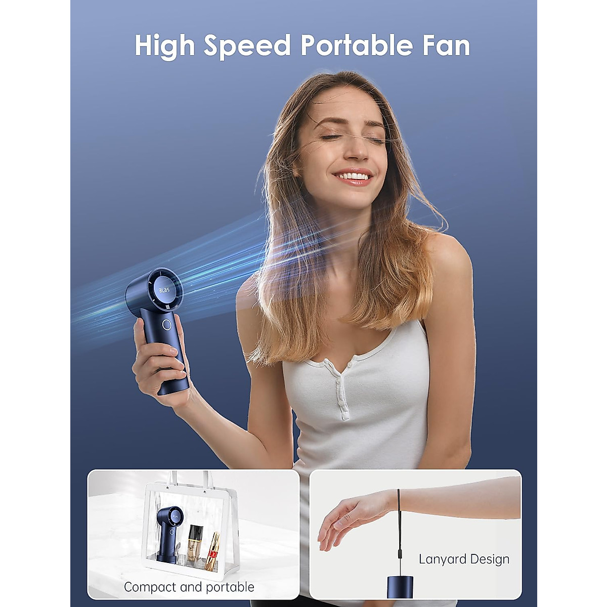 BLBS Portable Handheld Fan, 15000RPM High-Speed Turbo Personal Mini Fan, 14Hrs 6000mAh Rechargeable Hand Fan, 4 Speeds Electric Pocket Fan with Base & Lanyard, Beach Face Fan for Men Women Kids Gifts