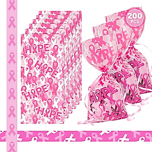 Heartome Breast Cancer Awareness Accessories, 204Pcs Ribbon Party Supplies, 4 Rolls of 11 Yards Ribbon, 200Pcs Breast Cancer Support Cellophane Bags for Breast Cancer Parties Present Wrapping