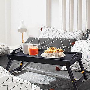 Mayyol Large Breakfast Bed Tray for Eating - Height Adjustable Raised Food Table - Bamboo Serving Tray on Lap Sofa - Portable Snack Platter with Folding Legs Ideal for Bedroom Picnic - Black