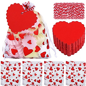 ADXCO 100 Pieces Valentines Organza Bags Love Heart Gift Bags Organza Drawstring Bags Valentines Day Gift Bags Valentine's Day Heart Organza Bags with 100 Pieces Heart Tags, 20 m String