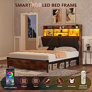 Alohappy Full Size Bed Frame with 51” Storage Headboard, Wooden Platform Bed Frame with Chargig Ports & LED Lights, Upholstered LED Bed Frame, No Box Spring Needed