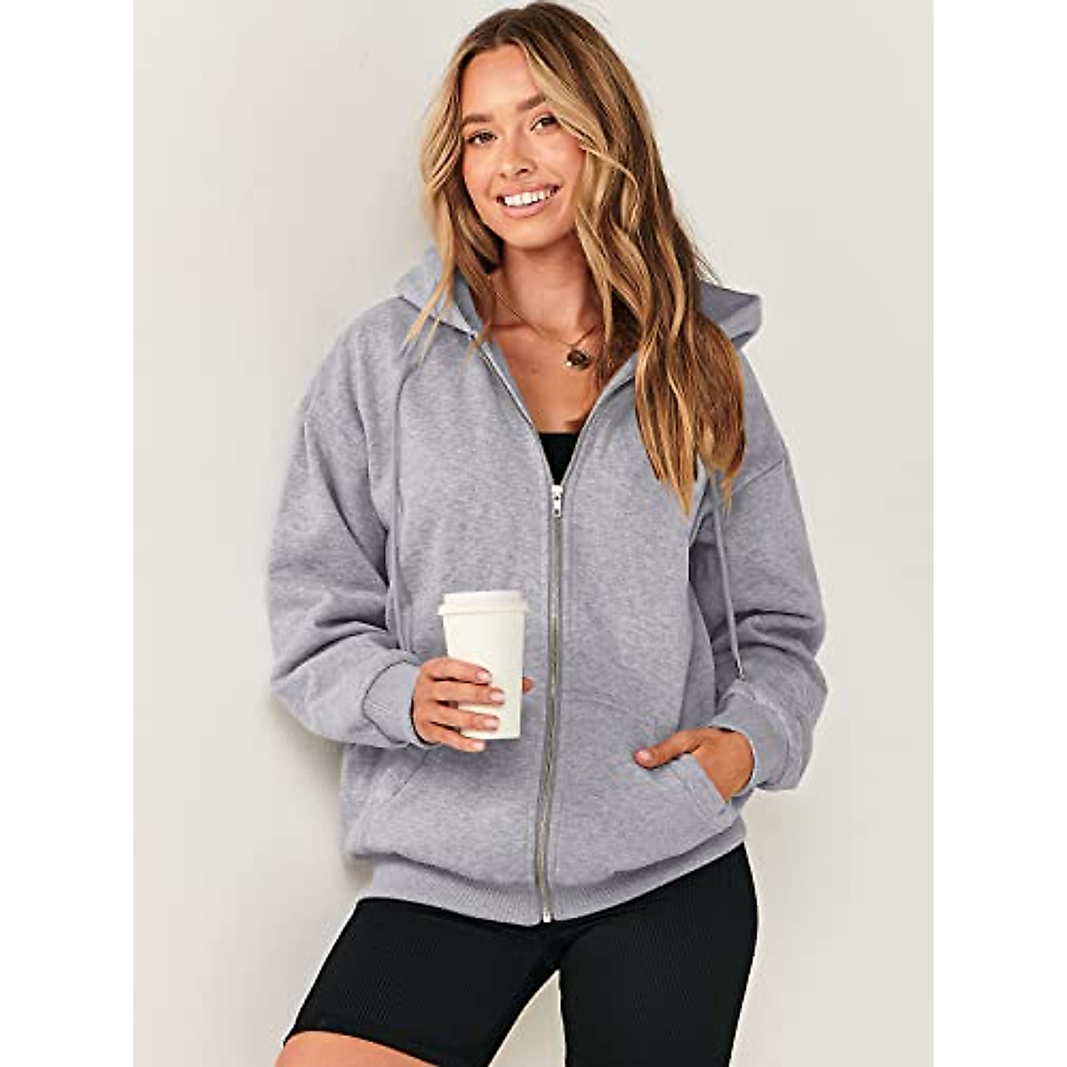 ANRABESS Women's Fashion Hoodies 2023 Fall Oversized Sweater Casual Jacket Cute Fleece Sweatshirts Y2k Long Sleeve Zip Up Y2k Clothes A989yanhui-S Light Grey