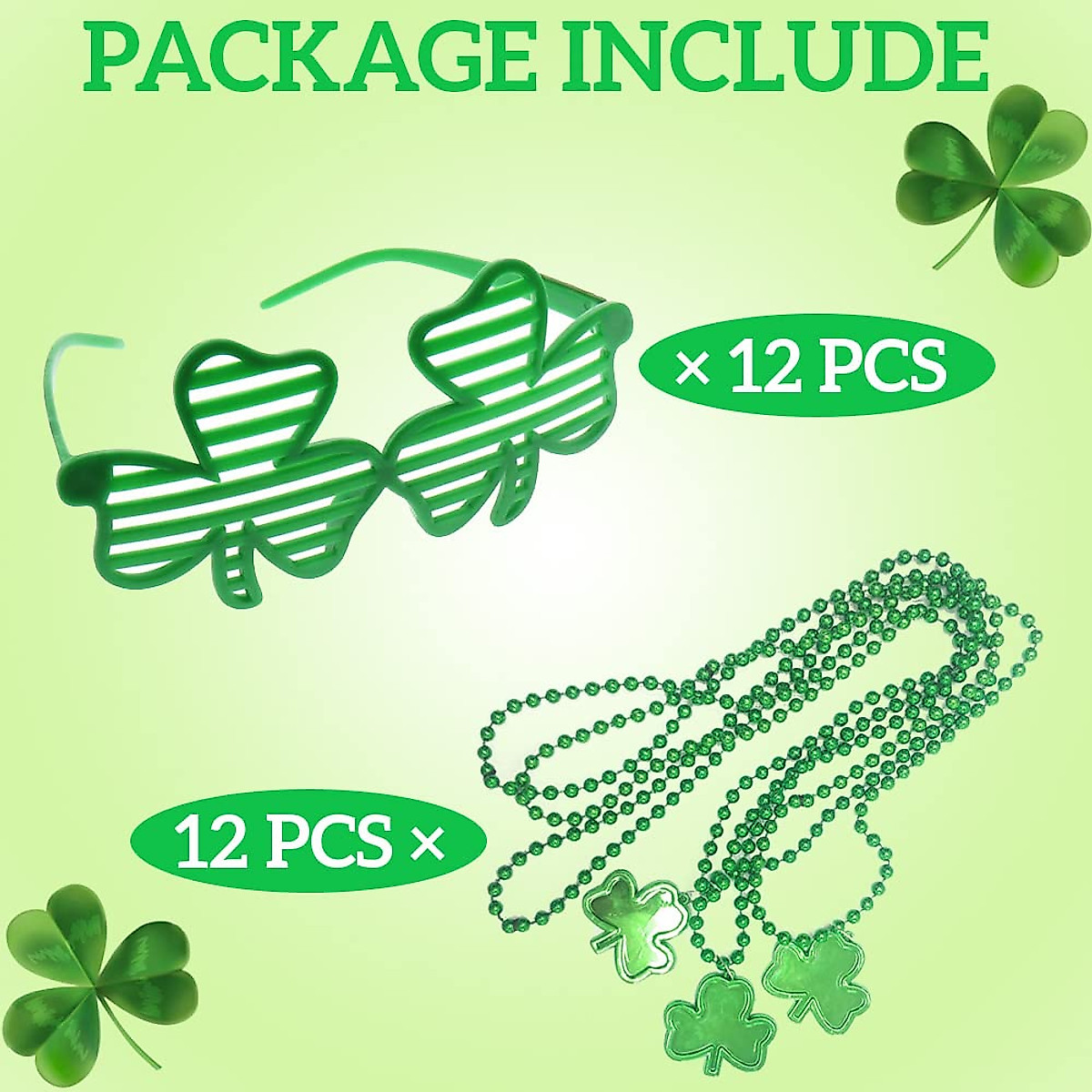 WODMAZ 24 St Patrick's Day Party Favors Set Includes Shamrock Necklaces Sunglasses, Green Bead Necklaces Shutter Glasses Accessories for St Patricks Day Party Favor Irish Great Party Supplies