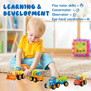 4 Pack Friction Powered Cars Set, Educational Vehicles Toy Gifts for Kids Toddler Baby 18 month +, Push and Go Bulldozer Tractor Dumper Cement Mixer Engineering Trucks Toys for Boys Girls Birthday