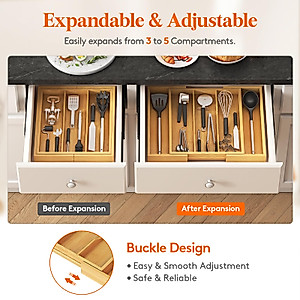 Lifewit Utensil Organizer for Kitchen Drawer, Expandable Cooking Utensil Tray, Bamboo Cutlery Silverware Flatware Holder, Adjustable Spatula Tools and Gadgets Storage Divider, Large, Natural