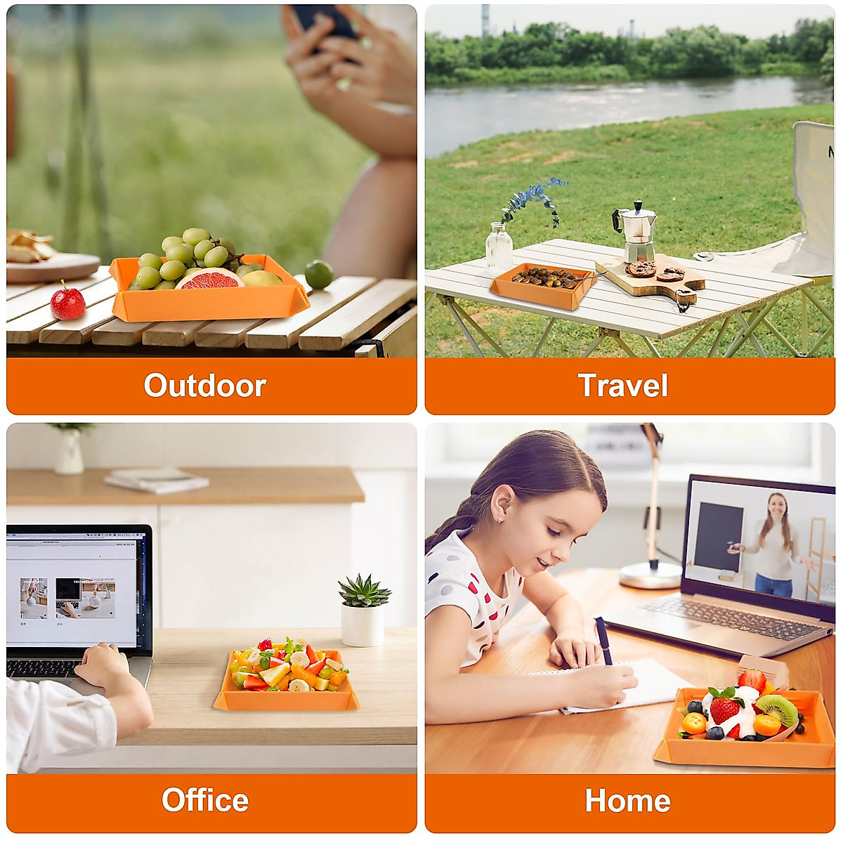 Silicone Collapsible Food Storage Containers, From 2D to 3D in 1 Sec, Reusable Dinner Plates for Camping, Hiking, Kitchen, Meal Prep, Snack, barbecue, with Lids (Orange)