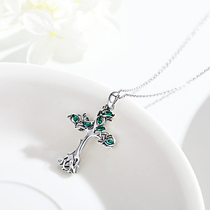 Aututer Celtic Cross Necklace Charm Sterling Silver Tree of Life Crucifix Pendant Family Tree of Life Cross Necklace for Women Emerald Celtic Cross Necklace Family