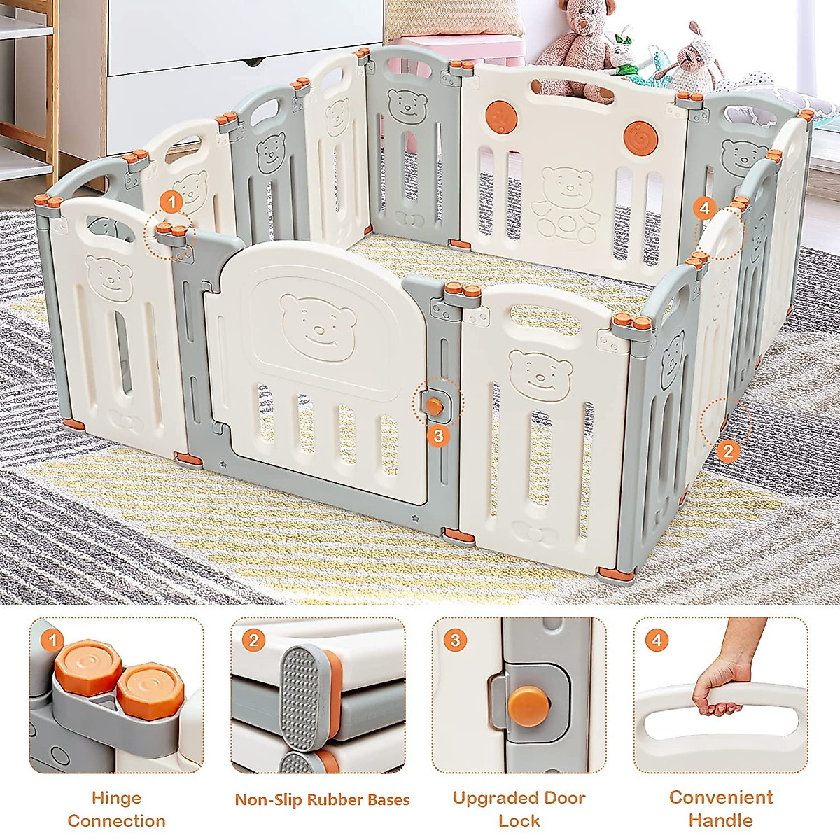 Costzon Baby Playpen, 14-Panel Foldable Large Baby Playard w/Locking Gate, Non-Slip Rubber Bases, Adjustable Shape, Portable Baby Fence Play Area Design for Indoor Outdoor Use (Beige + Gray)