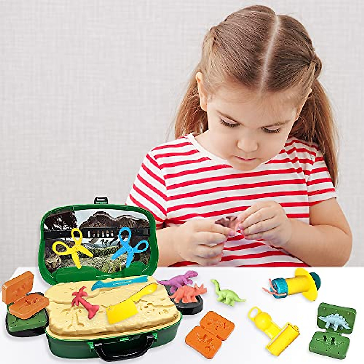 ArtCreativity Dinosaur Theme Modeling Clay Playset on Wheels, Play Dough Activity Kit with 10 Dinosaur Molding Accessories, 8 Dough Colors, & Travel Case, Safe & Non-Toxic for Kids, Great Gift Idea
