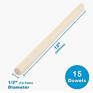 Wooden Dowel Rods 1/2 inch x 12 inch for Crafting and Macrame 15 Pack by Craftiff