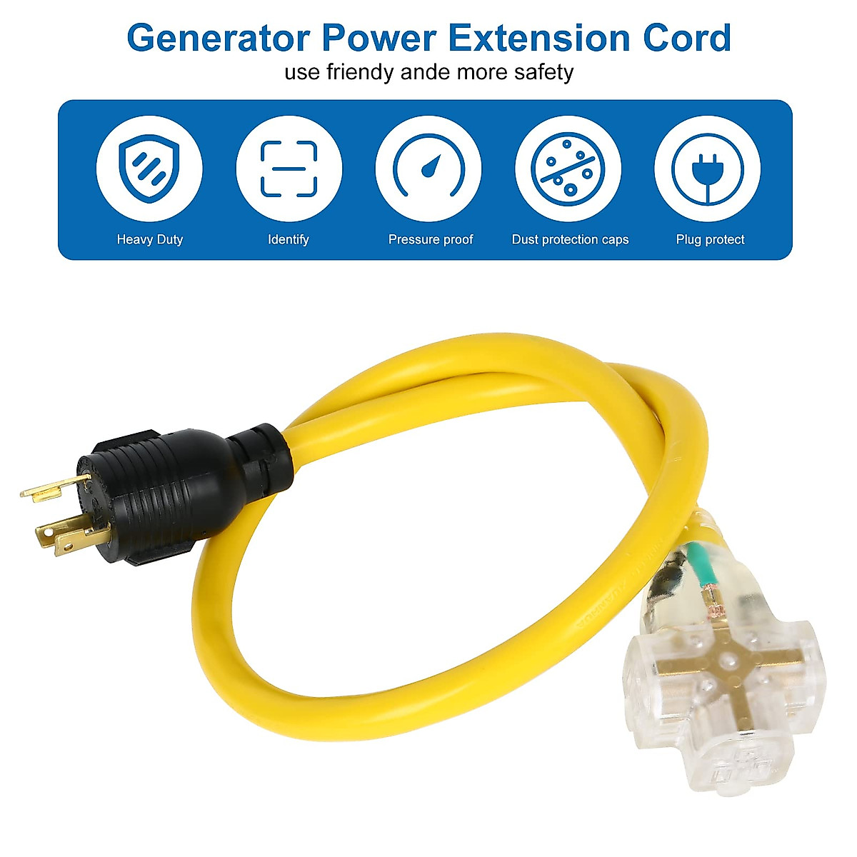 3FT NEMA L5-30P to (3) 5-15R, ZDHQLHJ Generator Power Extension Cord with LED Power Indicator, Heavy Duty 3 Prong 30 Amp L5-30P Male to 15 Amp 5-15R Female