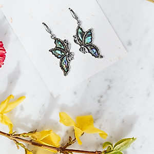 Shop LC Butterfly Dangle Earrings - Abalone Shell with Black Crystal Dangling Lever Back Earrings in Stainless Steel - Butterfly Wing Drop Leverback Earrings for Women Jewelry Birthday Gifts for