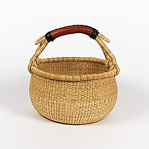 Bolga Zaare Market Basket, Handmade in Ghana by Women Artisans, Natural, Medium, 13"-15" Diameter x 8"-9" H, RED Handle (1 Basket)