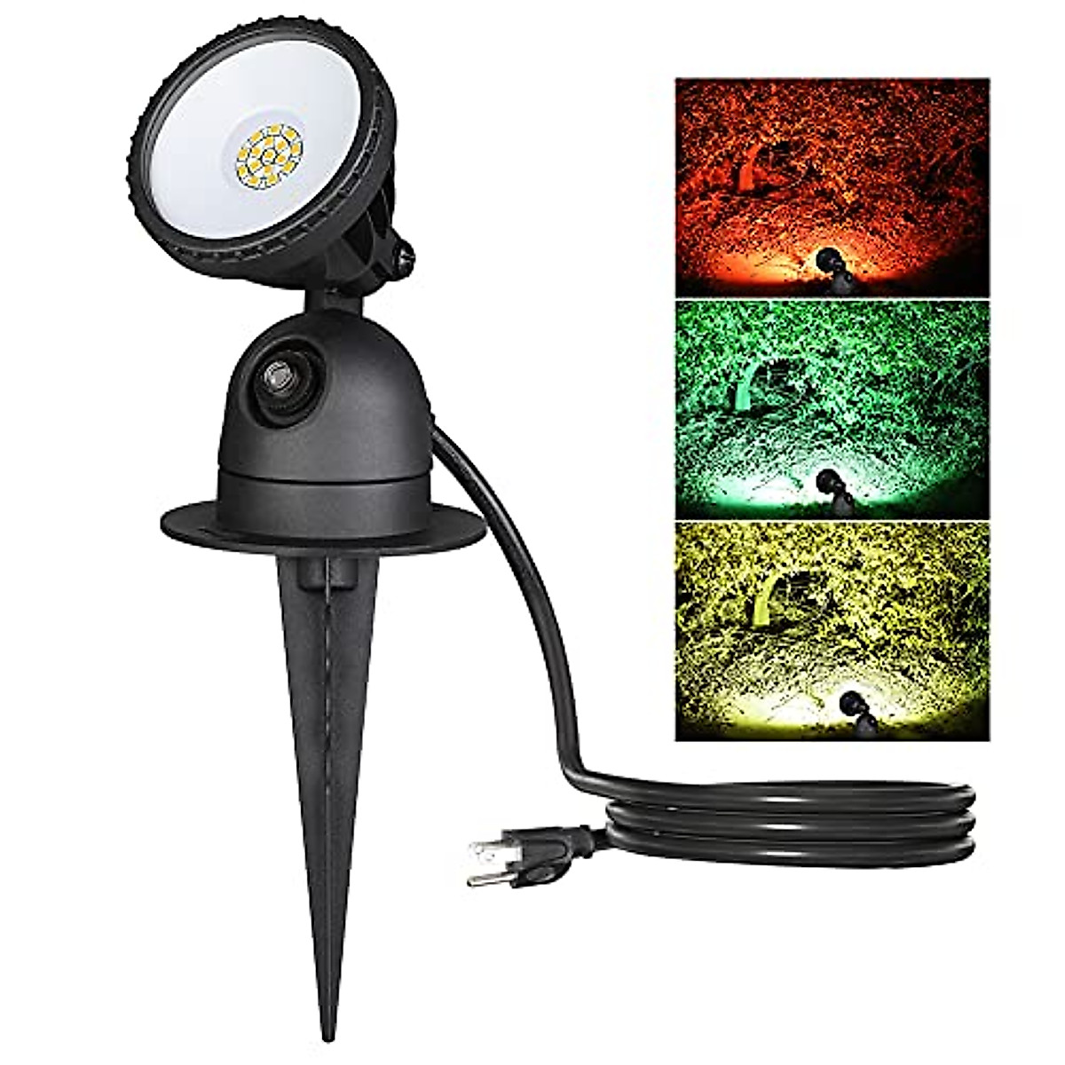EDISHINE Spotlight Outdoor LED with 3 Lenses (Red Yellow Green), Dusk to Dawn Light Sensor Plug in Landscape Light, 120V 12W LED Spot Light Outdoor with 3 FT Extension Cord, UL Listed