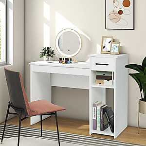 Tangkula White Desk with Storage Drawer & Shelves, Compact Desk for Small Space, Modern Wooden Study Desk Writing Desk with Storage Drawer & Compartments, PC Laptop Desk Small Desk for Bedroom