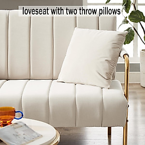 RIDFY Modern Upholstered Velvet Loveseat Sofa with 2 Pillows/Gold Metal Legs, 2 Seater Futon Sofa Couch, Cashmere Fabric Accent Mini Sofa, Living Seat for Small Spaces/Bedroom(Beige)