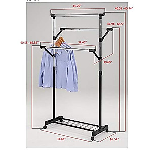 Kings Brand Furniture - 3-Rod Adjustable Garment Rack - Rolling Clothes Organizer , Black/Chrome