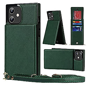 Pretocter Universal for iPhone 12 iPhone 12 Pro Crossbody Wallet Case with Credit Card Holder, Detachable Cross Body Strap Lanyard Kickstand Shockproof Magnetic Leather Phone Cover, 6.1 inch Green