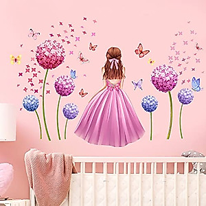 Pink Flower Wall Sticker Butterfly Fairy Girl Wall Decals DIY Purple Princess Wall Stickers Removable Dandelion Floral Wall Decals Waterproof Wall Mural for Kids Nursery Bedroom