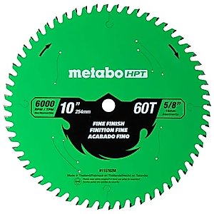 Metabo HPT 10-Inch Miter Saw/Table Saw Blade, Fine Finish, 60-Tooth, 5/8-Inch Arbor, Industrial High Performance Tungsten Carbide, PTFE Coating, Laser-Cut Expansion Slots, 115762M