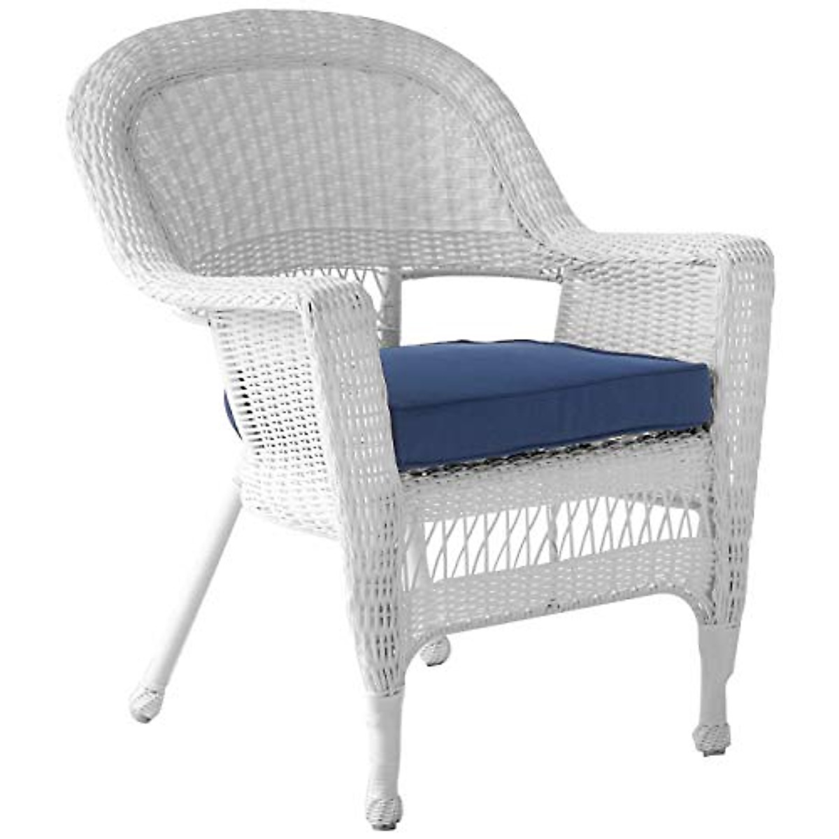 Jeco 3 Piece Wicker End Table Set with with Blue Chair Cushion, White