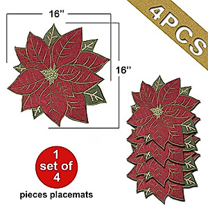 OWENIE Christmas Placemats Set of 4, Embroidered Red Poinsettia Table Mats with Sequins, 16 Inch Round Holiday Place Mats, Xmas Doilies Table Decorations
