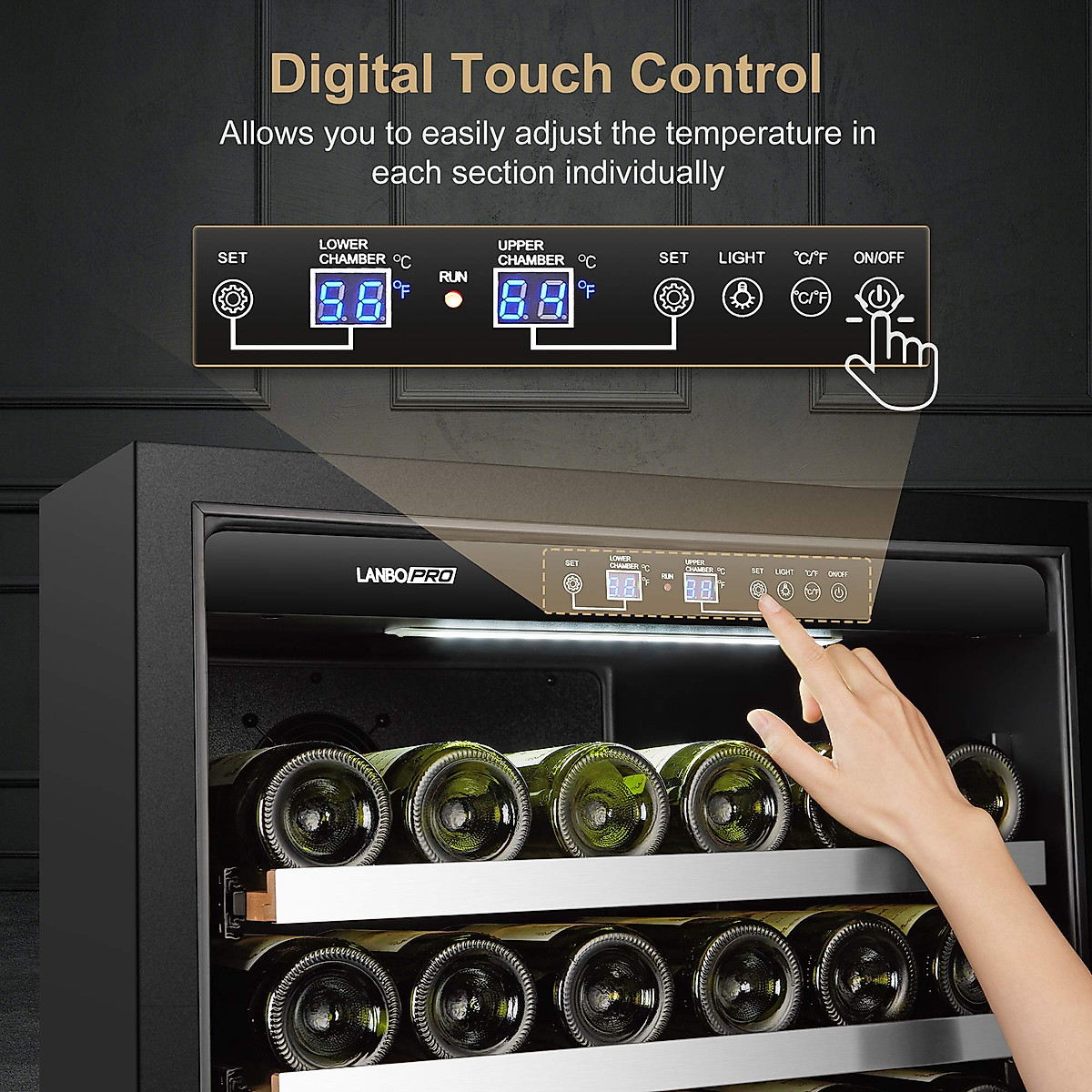 LANBOPRO Wine Cooler Refrigerator 153 Bottle Built-in Dual Zone Wine Cooler, Seamless Stainless Steel Trimmed Door, 24 Inch