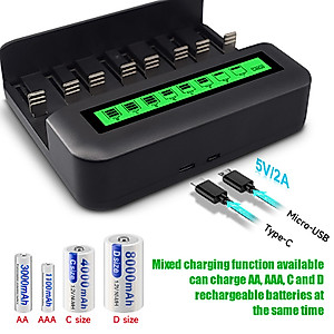 Rechargeable D Batteries with LCD Display Universal Battery Charger for AA/AAA/C/D 1.2V NI-MH NI-CD Rechargeable Battery（6 Pack ）