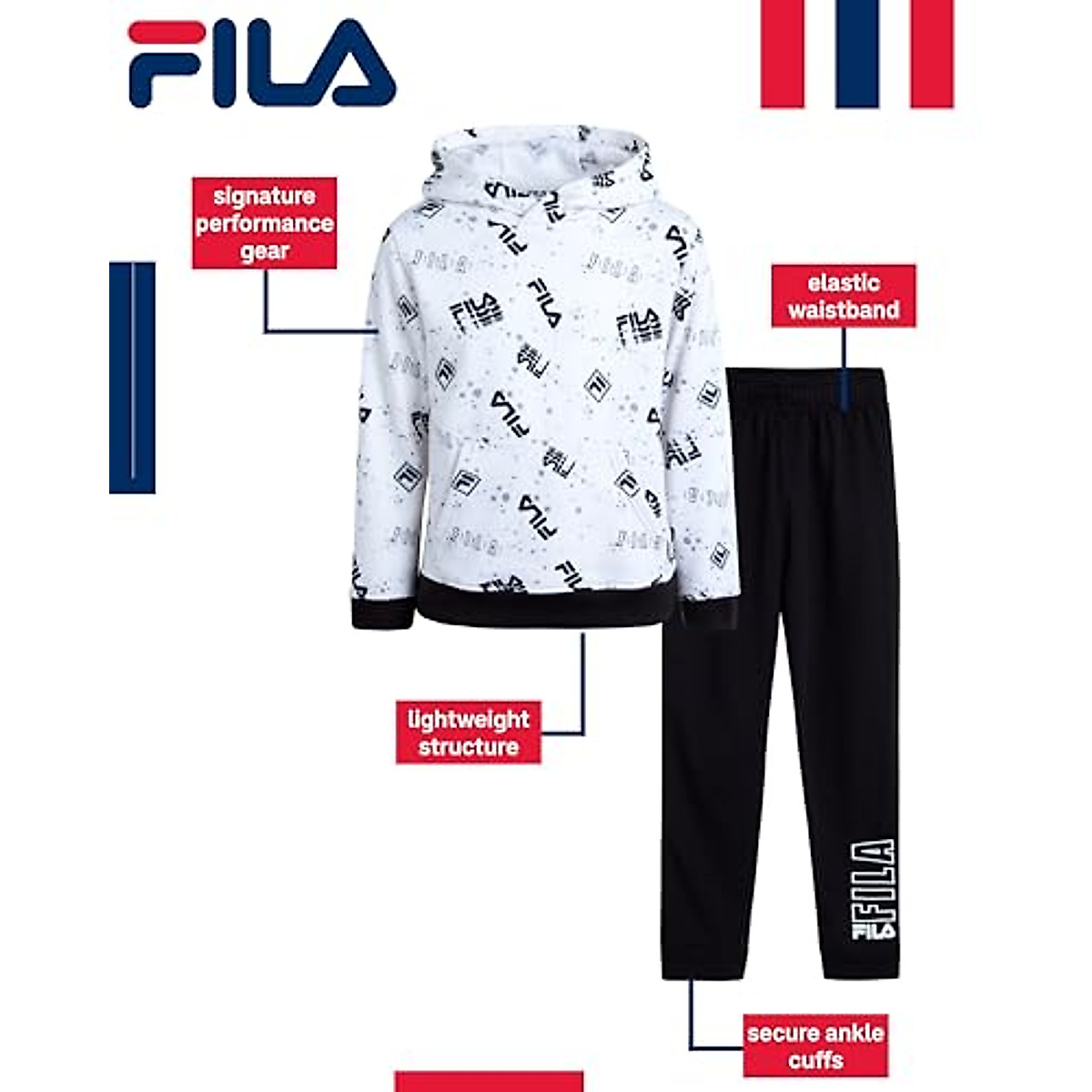 Fila Boys' Sweatsuit Set - 2 Piece Active Hoodie Sweatshirt and Jogger Sweatpants - Performance Activewear Set for Boys, 8-12, Size 10, Black Logo