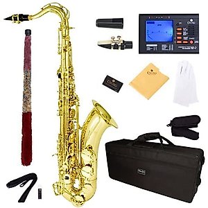 Mendini by Cecilio Tenor Saxophone, L+92D B Flat, Case, Tuner, Mouthpiece, Gold