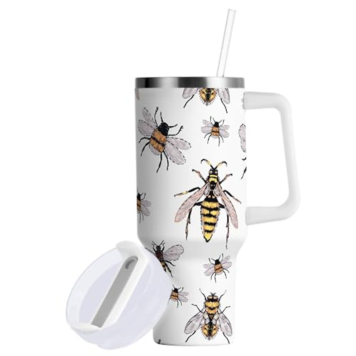 CIJEMAPW Wasp Small Funny Bee Insulated Tumblers Embroidery 40 oz Water Bottles Travel Mug with Handle and Straw Lid Leakproof School Work Outdoor for Women & Men