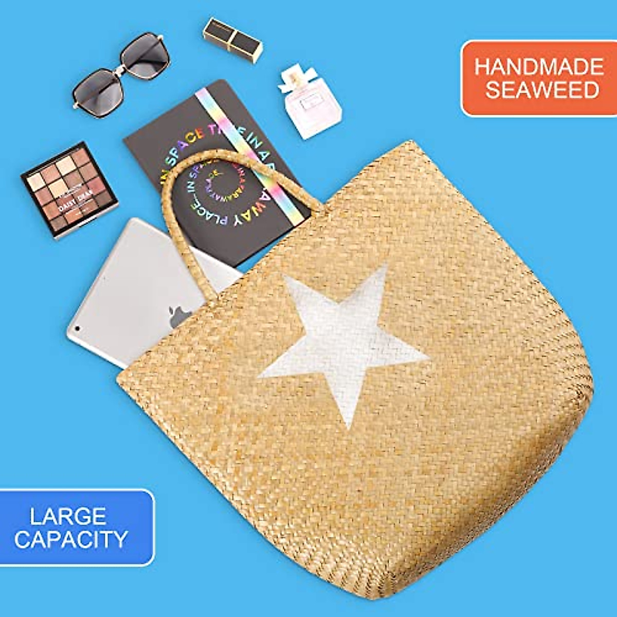 YIFANZHIBIAN Woven Seagrass Handbag,Fashion Straw Bag for Women 2022, Cute Pattern Large Seagrass Summer Beach Bag, Natural and Handmade Shoulder Straw Bag for Shopping and Gardening