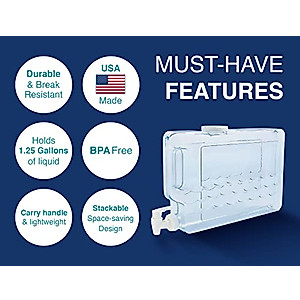 Arrow Slimline Drink Dispenser for Fridge, 1.25 Gallons - Plastic Beverage Dispenser with Spigot for Easy Dispensing - USA Made, BPA Free Plastic - Convenient Handle, Easy-Pour Spout